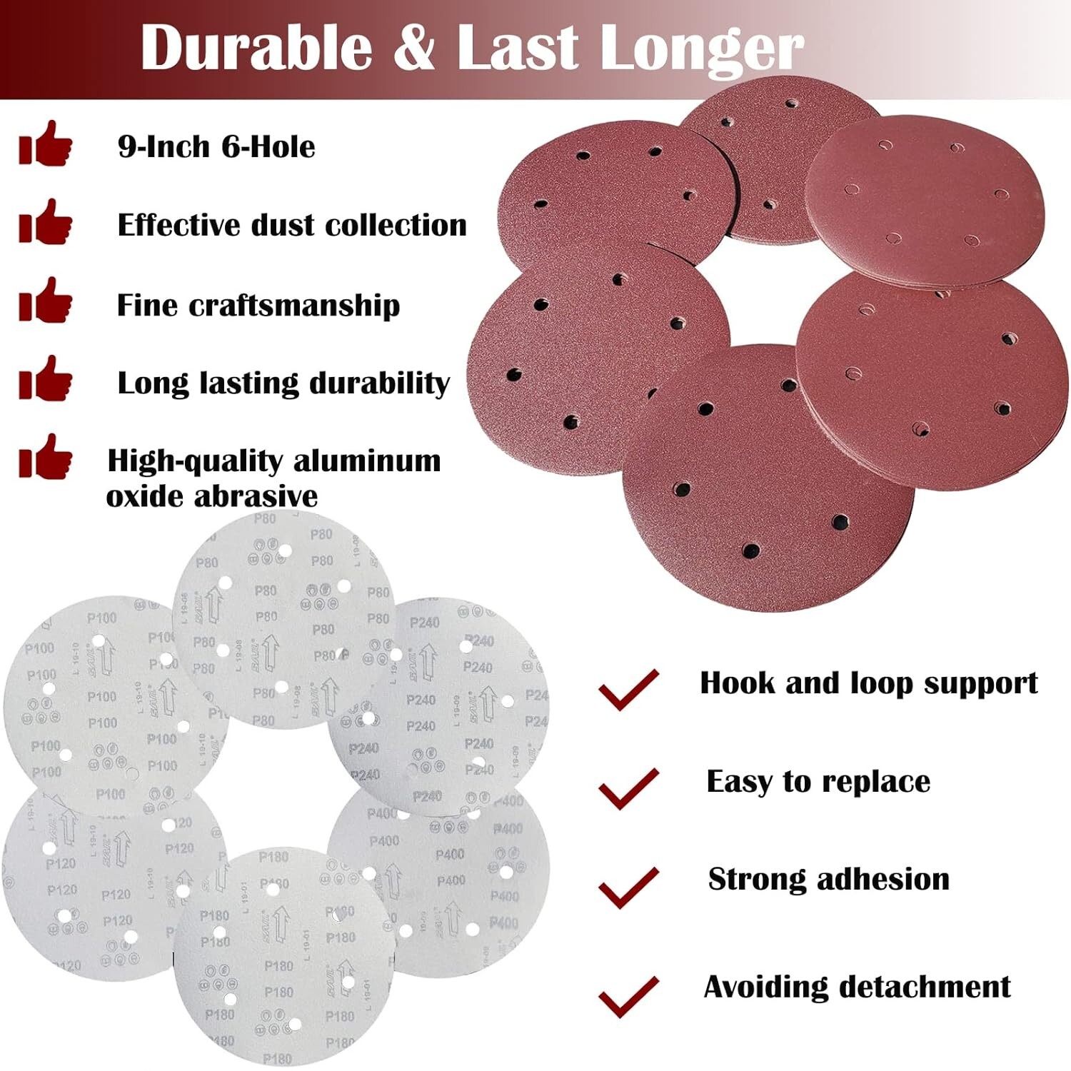 30 PCS 9-Inch 6-Hole Hook-And-Loop Sanding Discs Sander Paper for ...