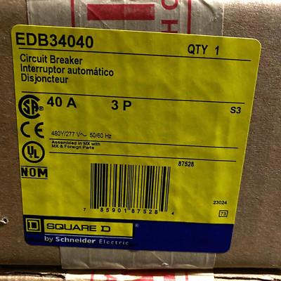 SQUARE D EDB34040 BREAKER 3POLE 40A 480/277V NEW IN BOX READY TO SHIP ...