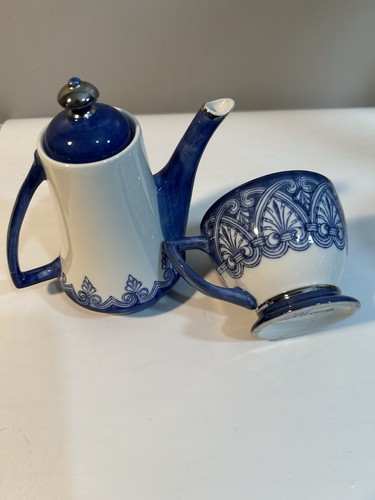 Bombay Company Tea for One Set Arabesque Tile Pattern Cobalt Blue w ...