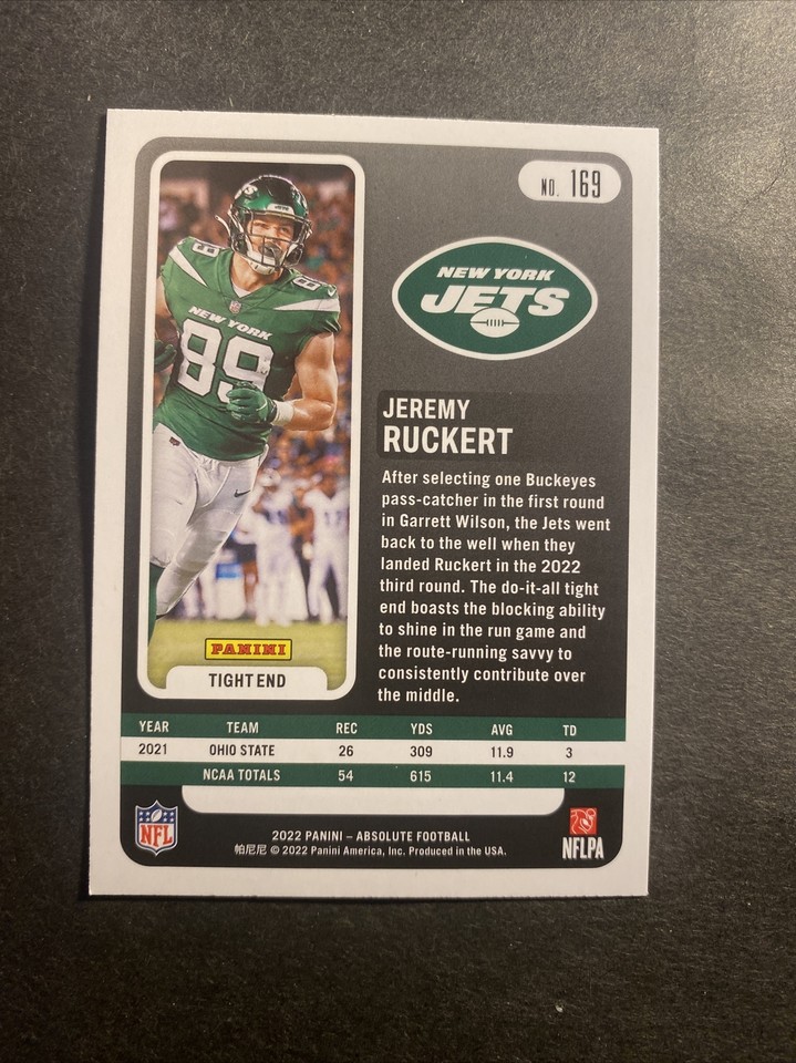 2022 Panini Absolute Rookie Card RC #169 Jeremy Ruckert New York Jets ...