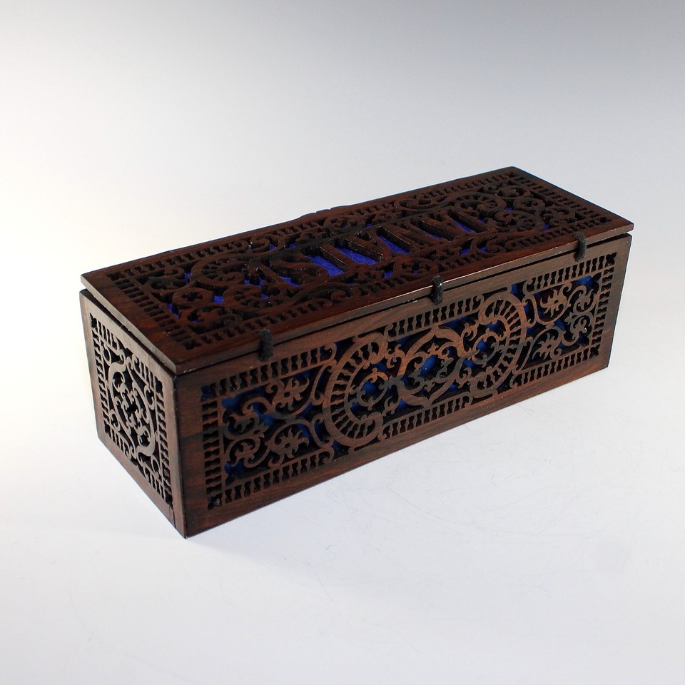 Rare Vintage French Reticulated Wood Box Blue Tufted Lining | eBay