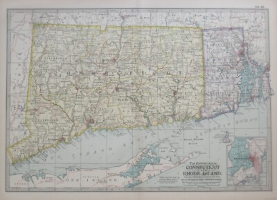 Original 1897 Map CONNECTICUT RHODE ISLAND Newport New Haven Hartford ...