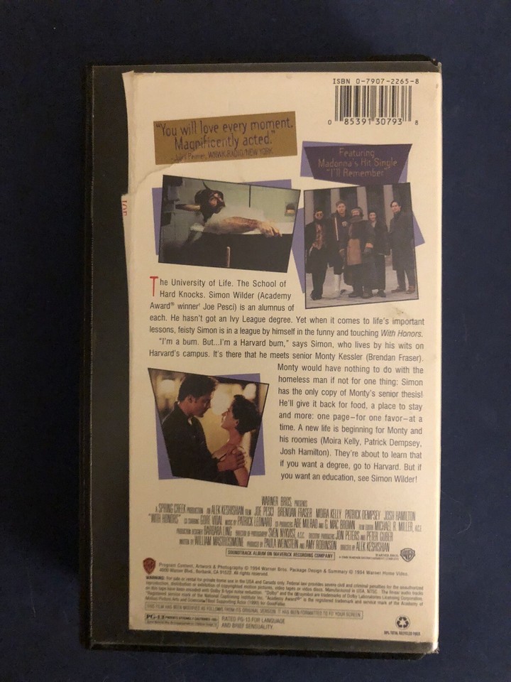 With Honors VHS Video Tape 1994 Joe Pesci Brendan Fraser Moira Kelly ...