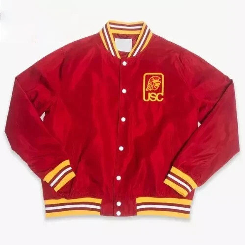 USC Trojans Red Satin Varsity Bomber Jacket – Full-Snap Script Logo ...