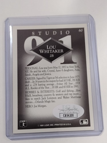 1991 Studio Lou Whitaker Auto Autograph Signature JSA Detroit Tigers | eBay