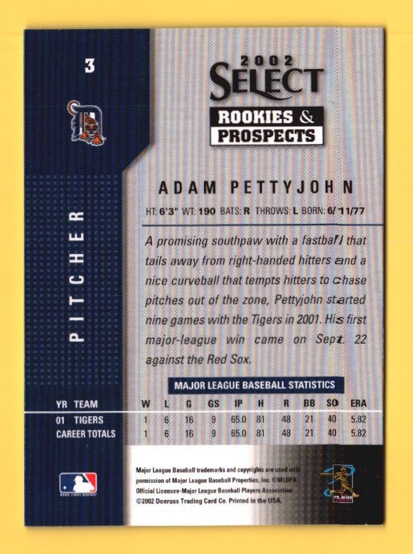 2002 Select Rookies and Prospects #3 Adam Pettyjohn RC Black Autograph ...