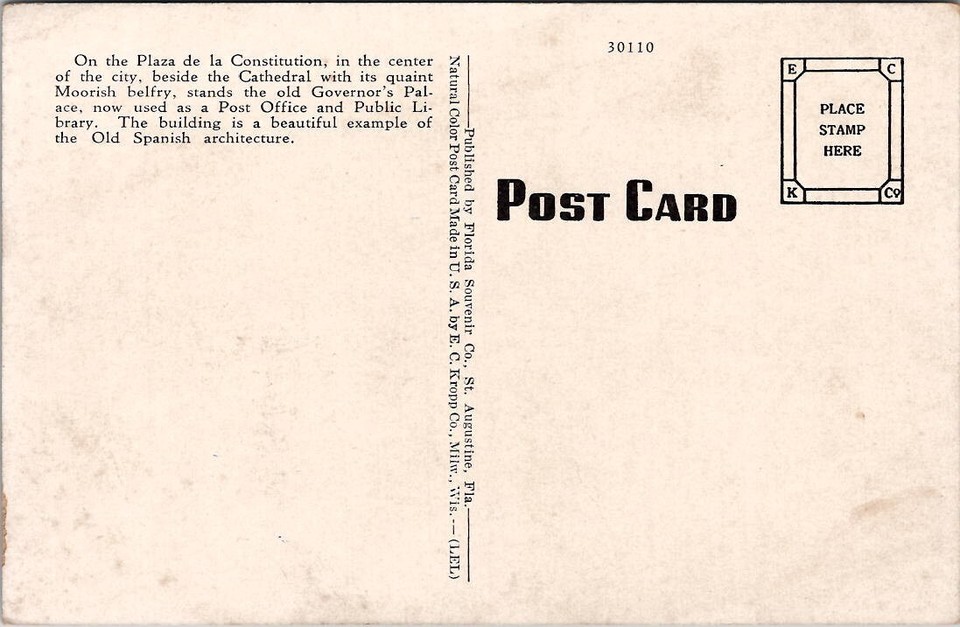 Postcard Plaza de la Constitution Post Office & Library St. Augustine ...