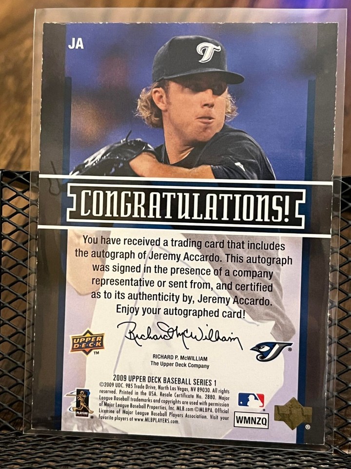 JEREMY ACCARDO 2009 UPPER DECK INKREDIBLE TORONTO BLUE JAYS AUTOGRAPH ...