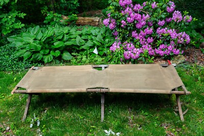 WWII cot WW2 US military Vintage 1944 canvas wood frame folding marked ...