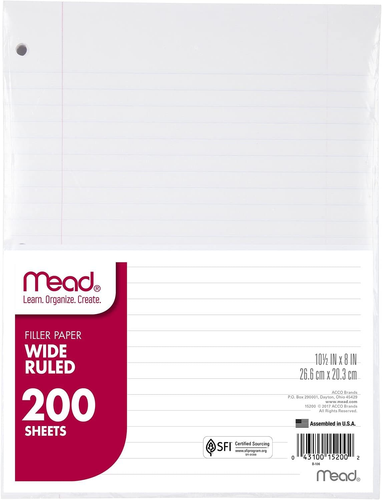 200 Sheet Mead Loose Leaf Paper, Wide Ruled Filler Notebook Paper, 8" x ...