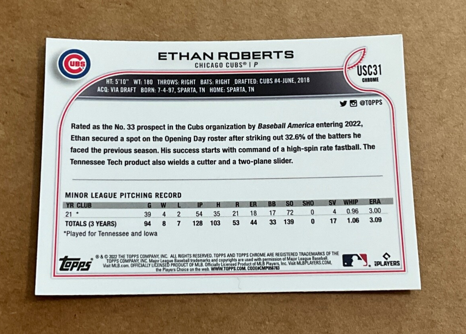 2022 Topps Chrome Update #USC31 Ethan Roberts Rookie Chicago Cubs | eBay