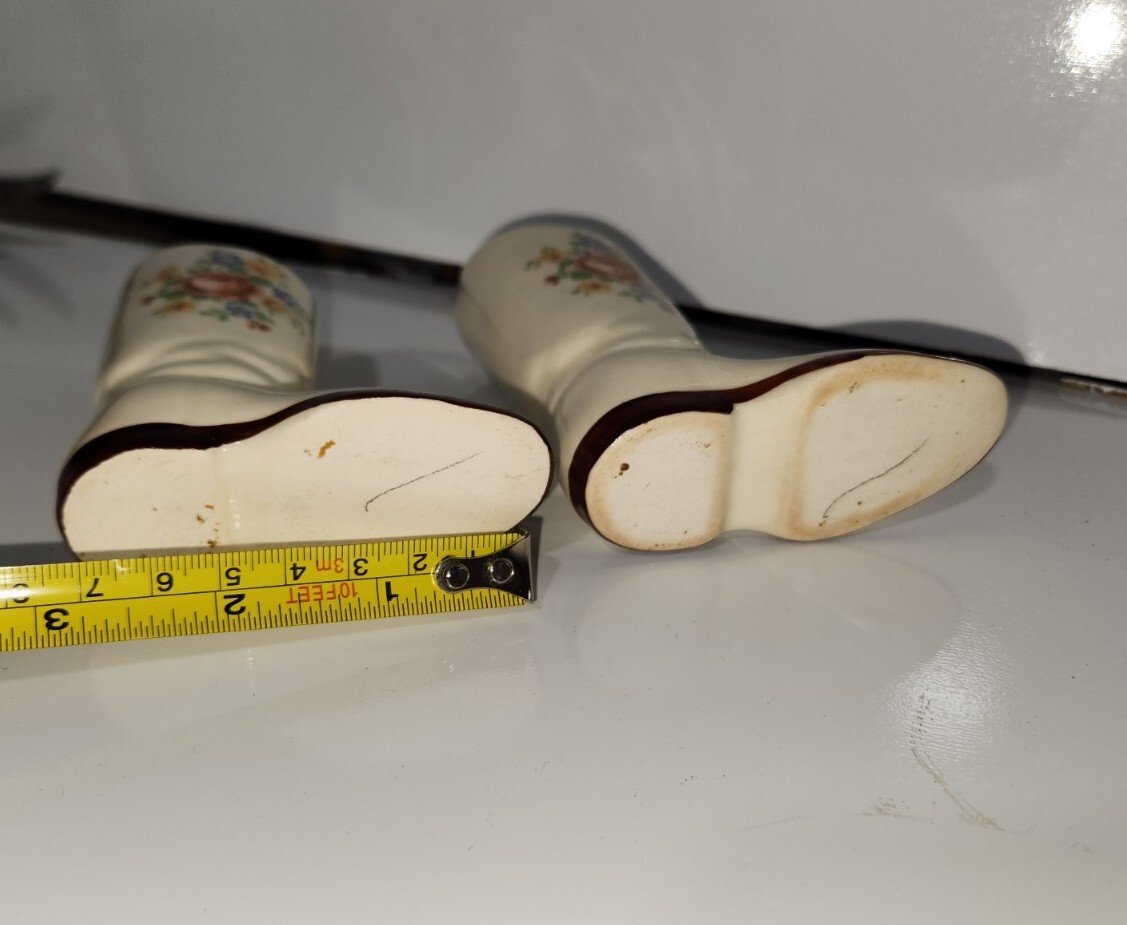 2 Vintage Boot Figurines Miniature Vases Off White Ceramic Floral ...