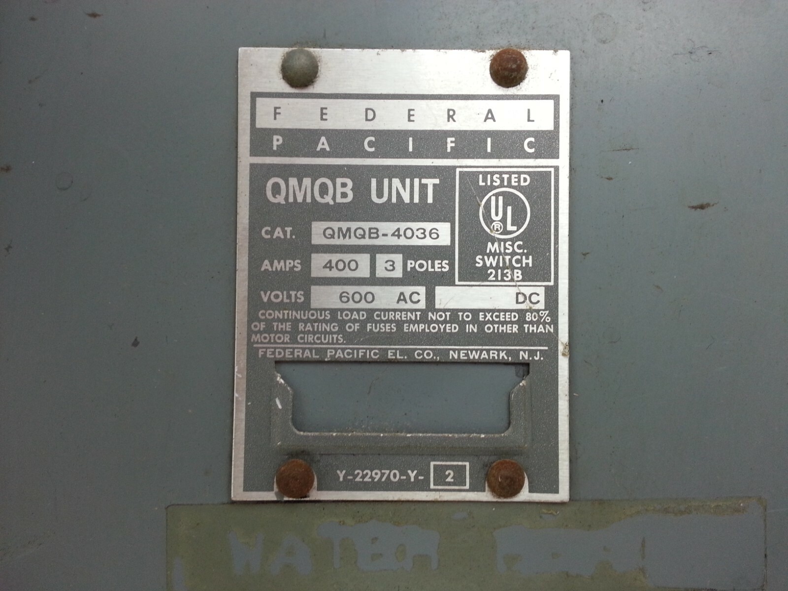 Federal Pacific FPE Panelboard Switch 400 Amp 600v 3 Pole QMQB4036 for ...
