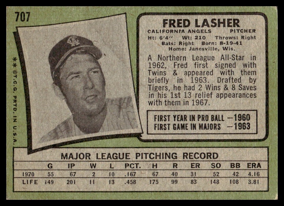 1971 Topps #707 Fred Lasher California Angels Low Grade | eBay