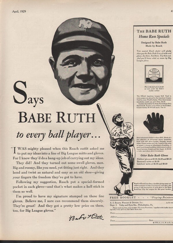1929 REACH BASEBALL SPORTING GOOD GLOVE BAT BALL BABE RUTH PHILADELPHIA ...