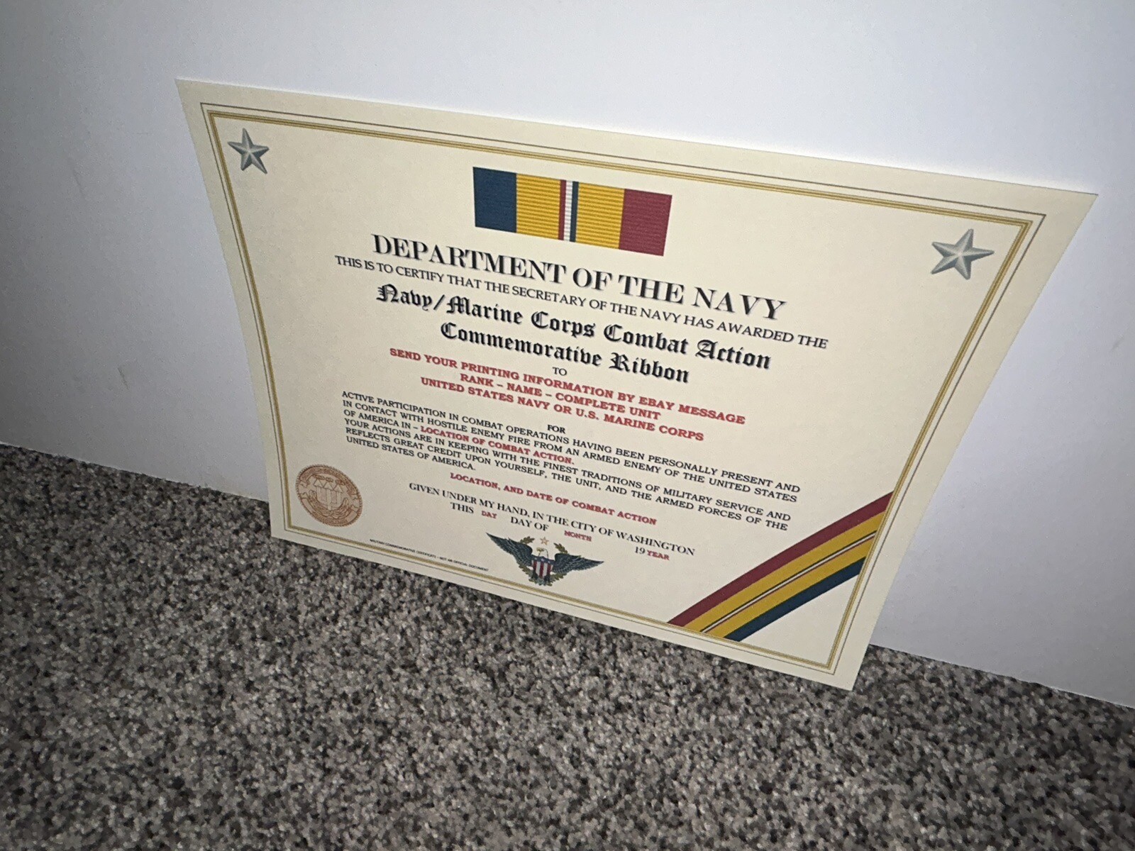 NAVY/USMC COMBAT ACTION COMMEMORATIVE RIBBON CERTIFICATE ~ W/PRINTING T ...