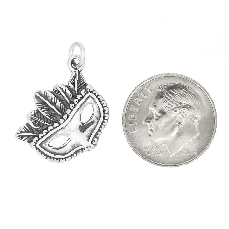 Sterling Silver Theater Masquerade Mask Half Mask with Feathers Charm ...
