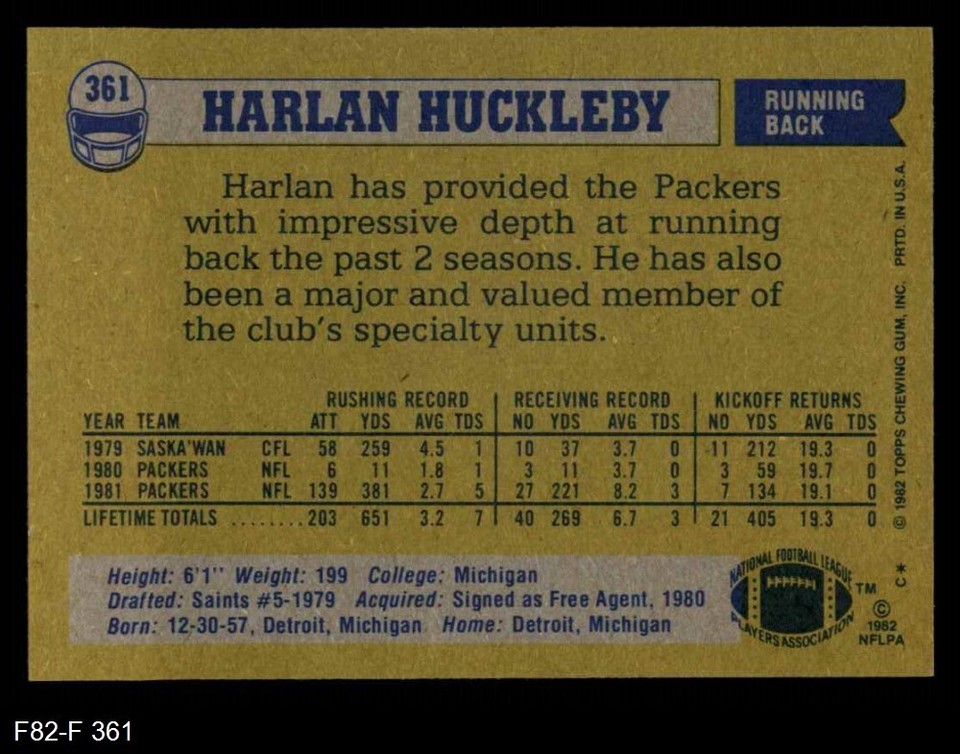 1982 Topps #361 Harlan Huckleby Packers Michigan 8 - NM/MT | eBay