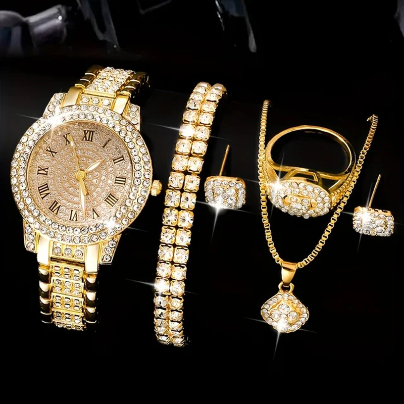 6Pcs Luxury Watch Set Rhinestone Quartz Watch Analog Wrist Watch Set ...