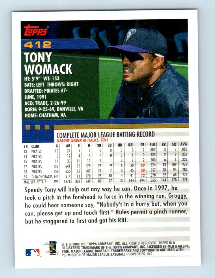 2000 Topps Tony Womack Arizona Diamondbacks #412 | eBay