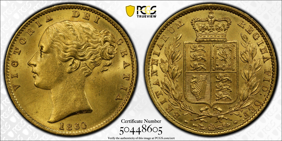 1860 Queen Victoria Shield Reverse Sovereign - 'O/C in Victoria' MS-63 ...
