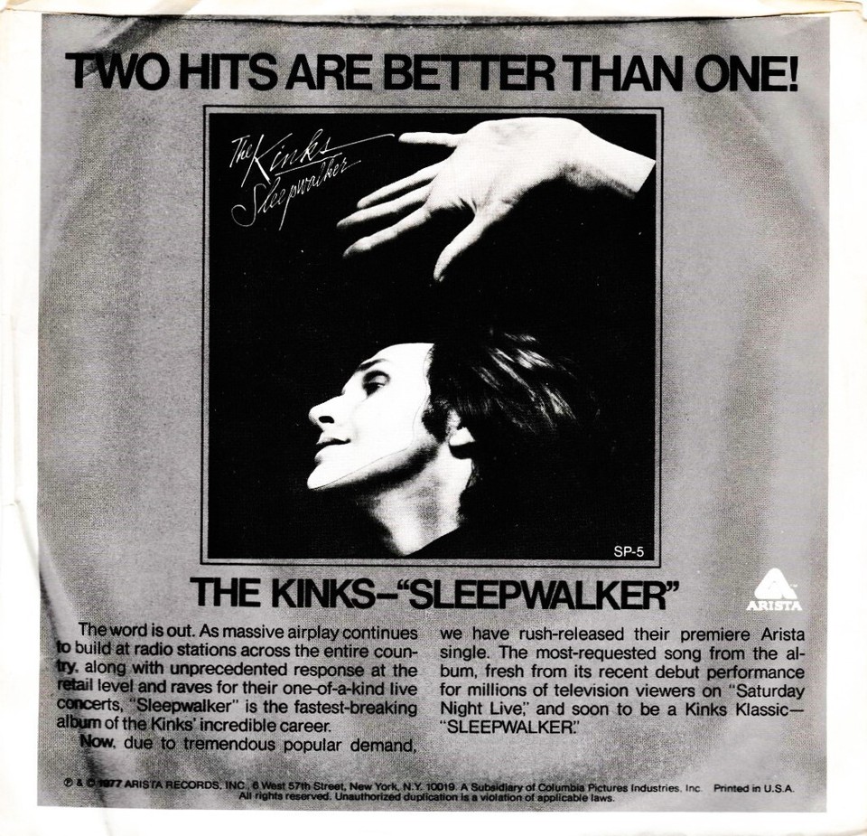THE KINKS SLEEPWALKER GOLD VINYL PROMO 45 & PIC SLV B/W THE HOLLYWOOD ...