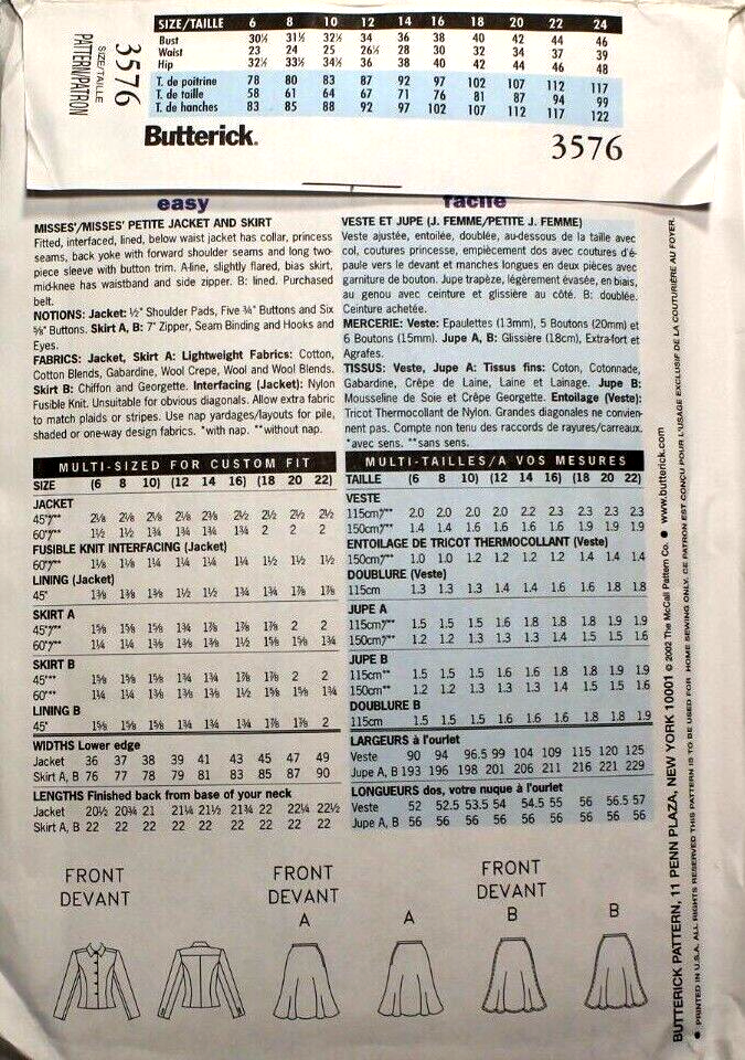 Butterick 3576 Misses Jacket & Skirt Sewing Pattern 6-8-10 By Ellen ...