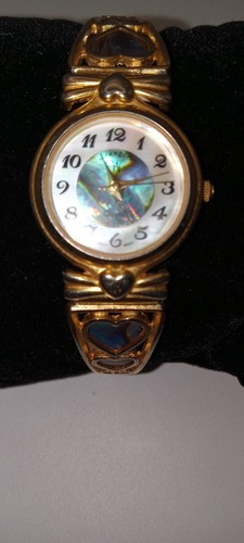 Vtg Gitano Abalone Watch Women 24mm Gold Tone Heart Stretch Band New ...