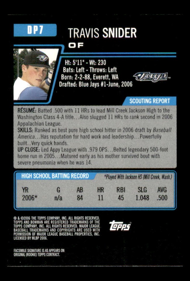 2006 Baseball Bowman 1st Card Travis Snider Toronto Blue Jays #DP7 Blue ...