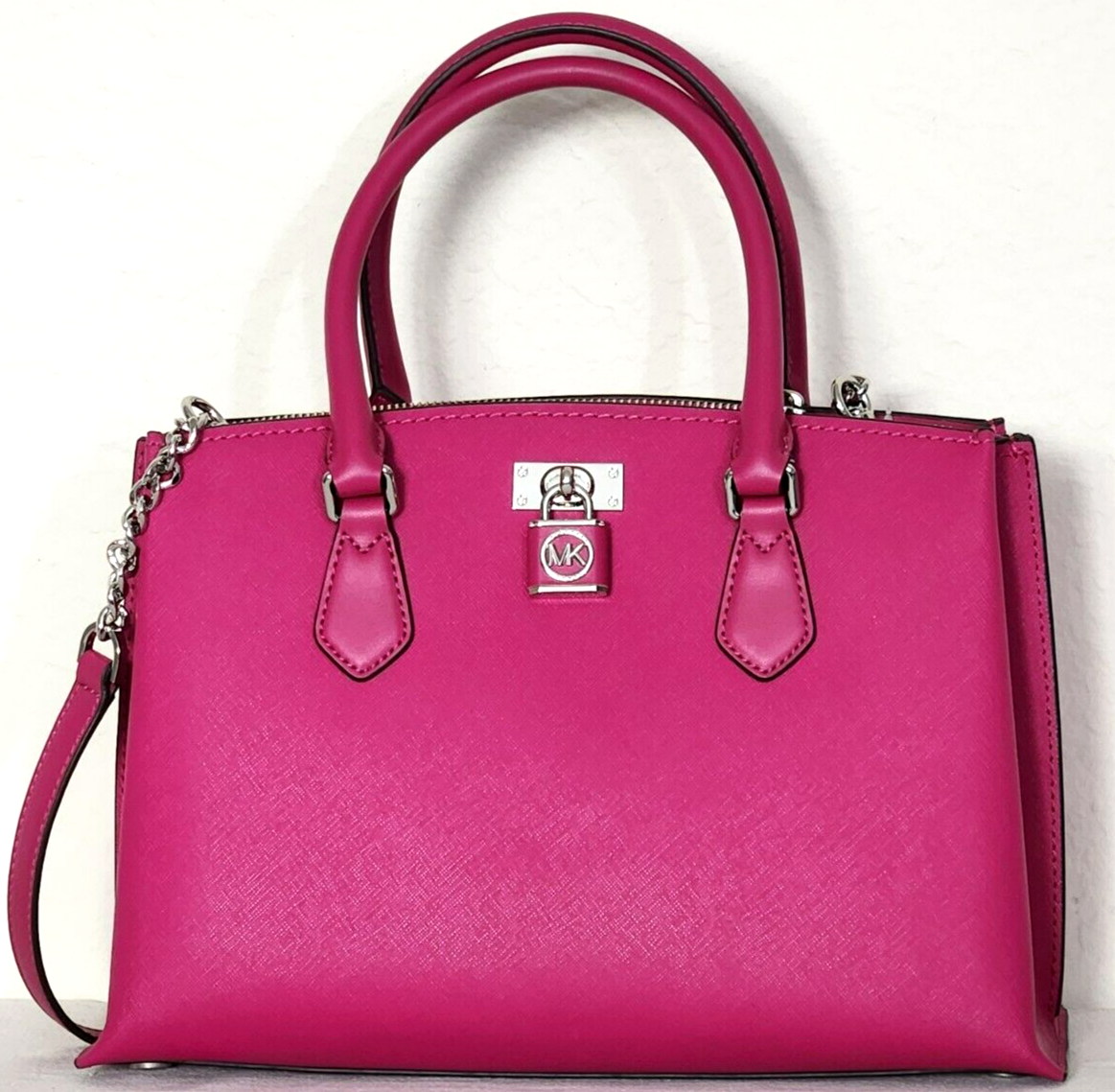 🌞MICHAEL KORS RUBY DEEP FUCHSIA PINK SILVER SAFFIANO LEATHER SATCHEL ...