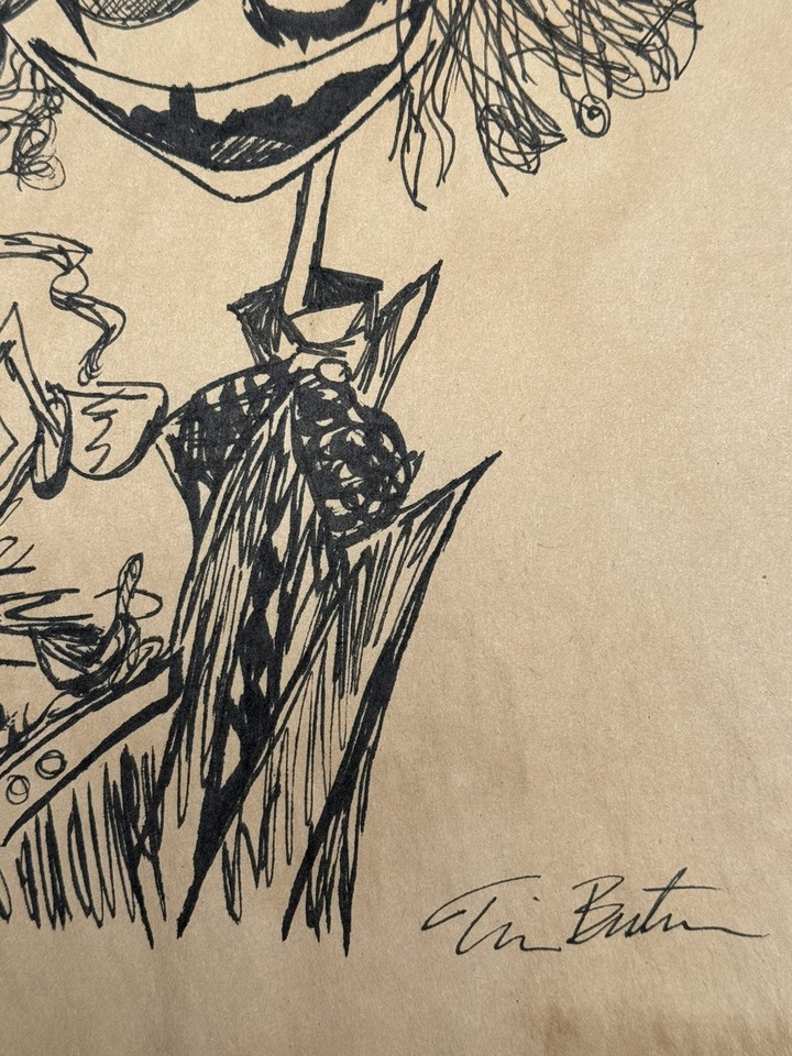 Tim Burton (Handmade) Drawing On old Paper Signed & Stamped Mixed Media ...