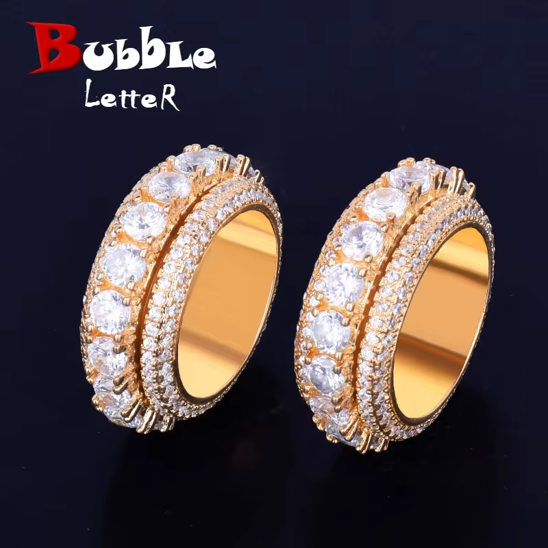 Rotating Men Ring Copper Charm Gold Color Cubic Zircon Fashion Hip Hop ...