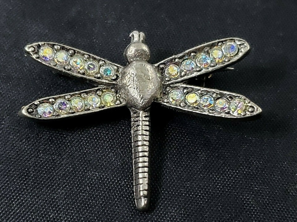 Dragon Fly Dragonfly Brooch Pin AB Crystal Rhinestones Pewter Tone ...
