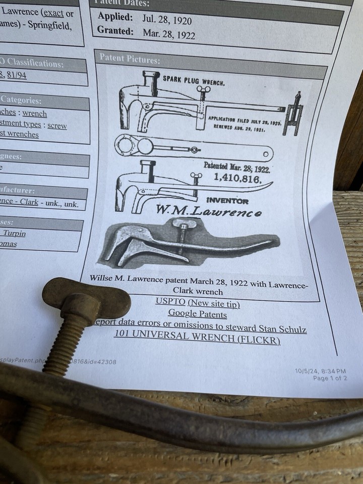 Rare antique adjustable Spark Plug wrench Patent 1922 Lawrence Clark ...