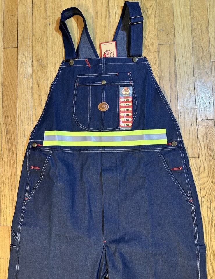 NWT VTG Red Kap Bib Overalls Carpenter Reflective Blue Jean Denim Mens ...