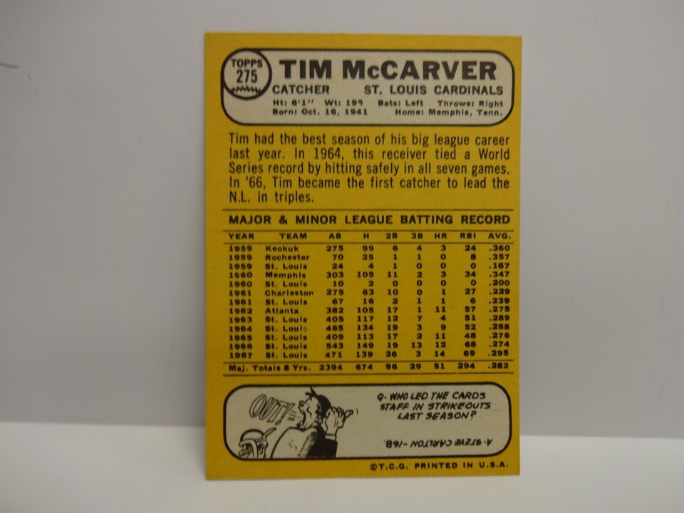 1968 Topps Baseball Tim McCarver St. Louis Cardinals Card #275 | eBay