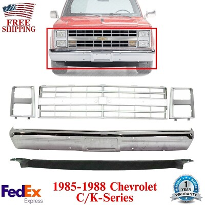 Front Bumper Chrome + Valance + Grille + Bezels For 1985-88 Chevrolet C ...
