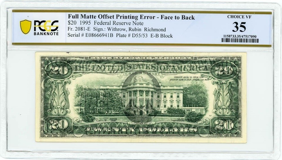 Fr #2081-E $20 1995 FRN Full Matte Offset Printing Error Face to Back ...