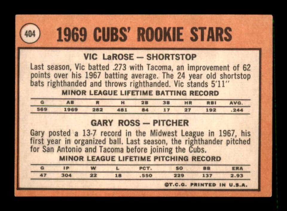 1969 Topps #404 Gary Ross/ Vic LaRose Rookie Stars EXMT/EXMT+ X2585057 ...
