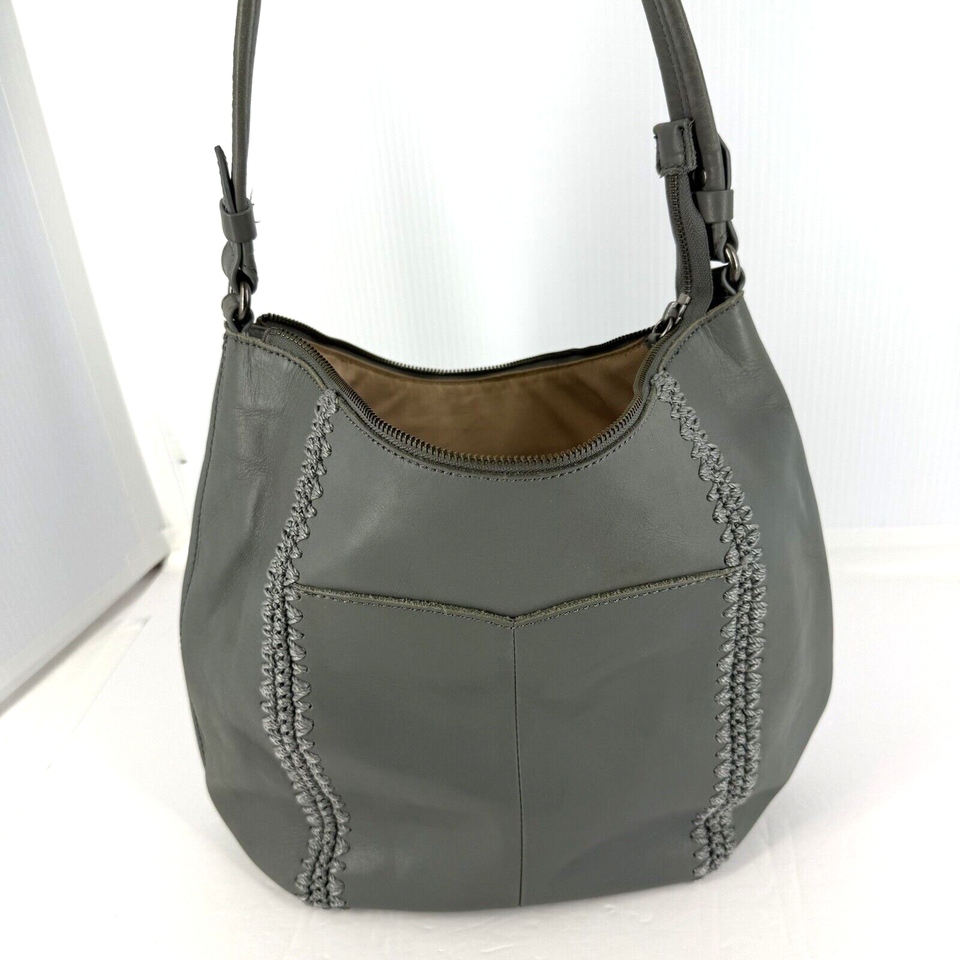 The Sak Grey Leather Sequoia Hobo Bag Purse W / Crochet Accent Shoulder ...