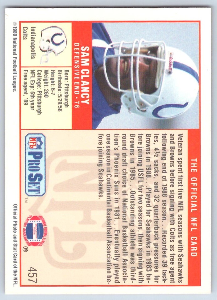 1989 PRO SET SAM CLANCY RC INDIANAPOLIS COLTS #457 | eBay