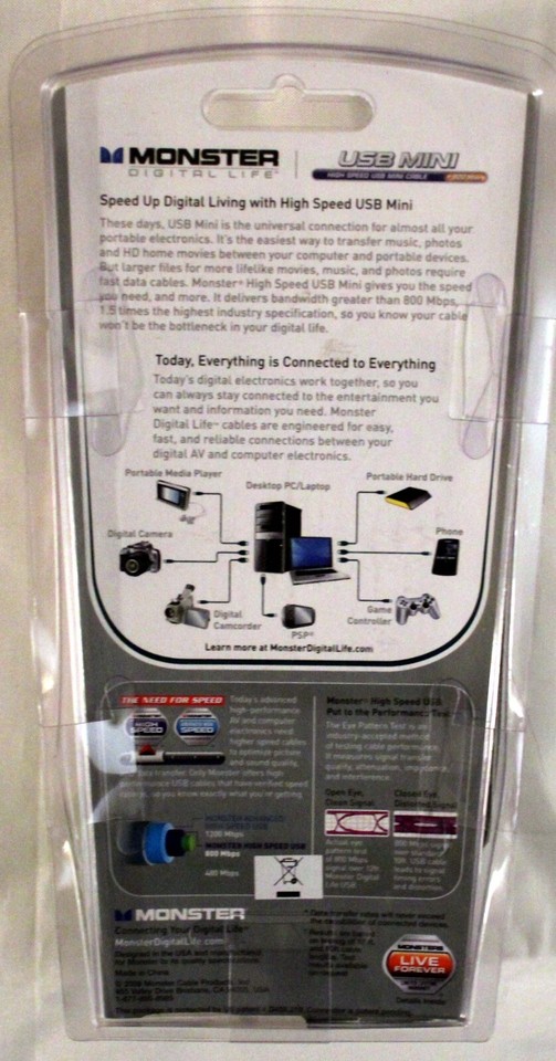 Monster USB Mini High Speed Cable 3Ft 800mbps New In Box! Nice!! LOOK ...