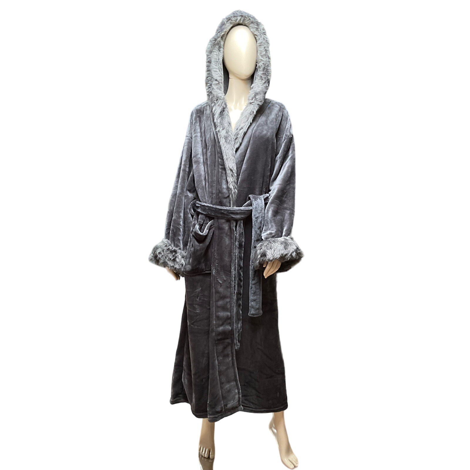 Faux Fur Hooded Bathrobe Long Gray Alexander Del Rossa 1X 2X New Gift ...