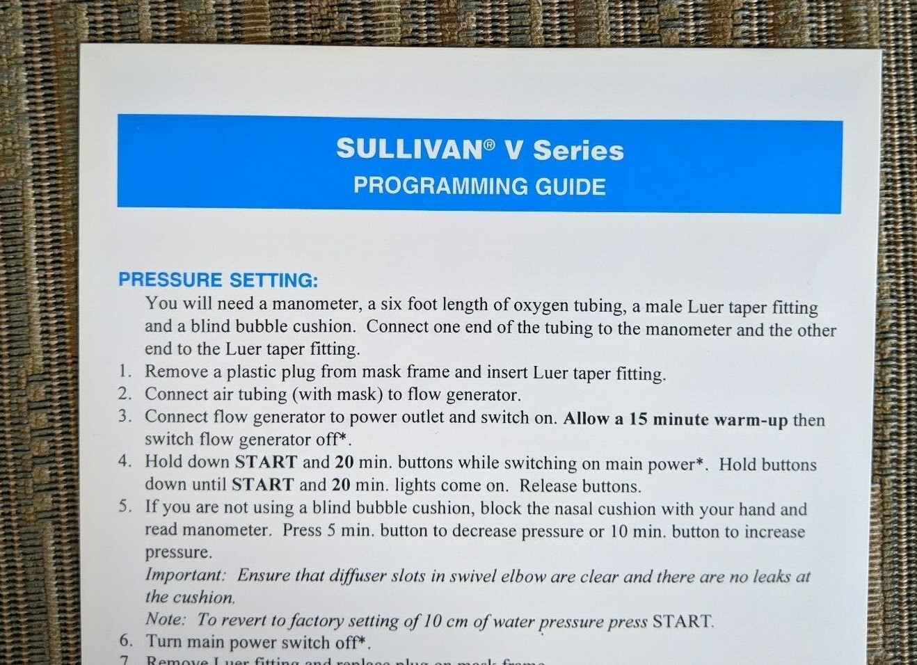 Sullivan V Series Clinical Programming Pressure Setting Guide | eBay