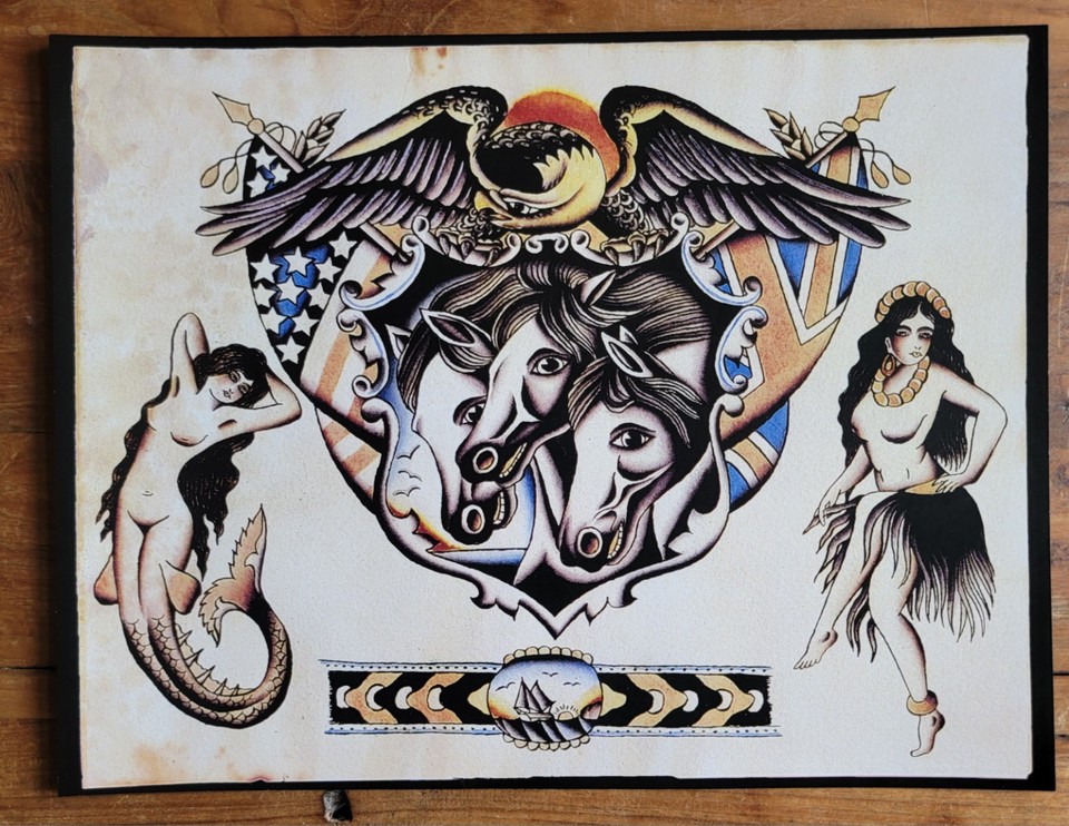 antique vintage owen jensen pharoahs horses mermaid tattoo flash 11x14 print | eBay