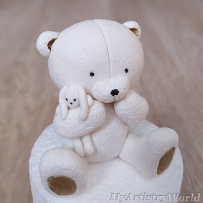 Bear holding a toy hare cake topper. Edible 3D fondant/gum paste Bear ...