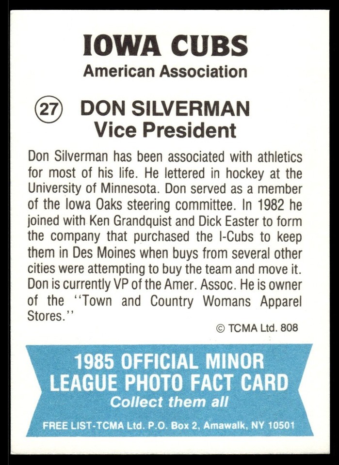 1985 TCMA Iowa Cubs Don Silverman Iowa Cubs #27 | eBay