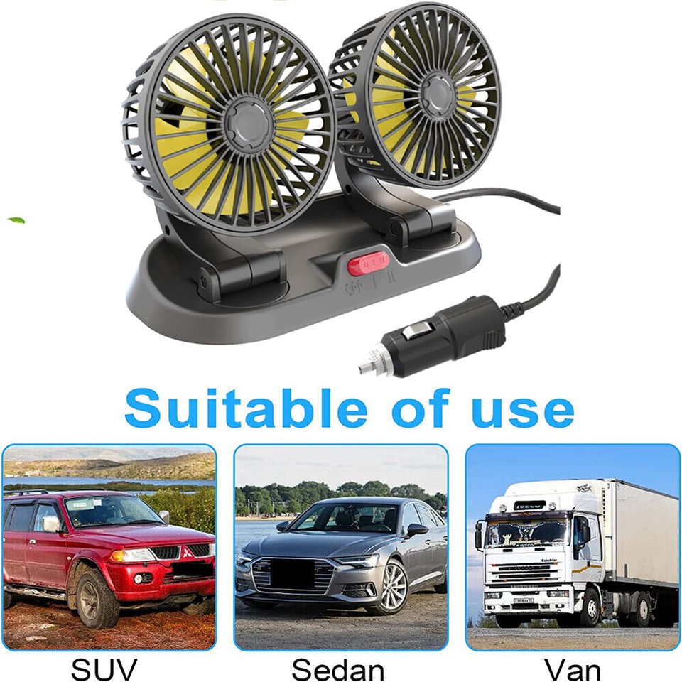 12V Car Dual Head Cooling Fan 360° Rotatable Portable Auto Truck Air ...