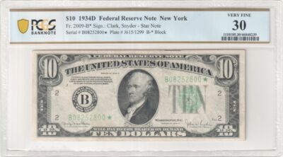 $10 1934-D FRN, Fr. 2009-B*, Scarce New York Star = Only 12 Known= PCGS ...