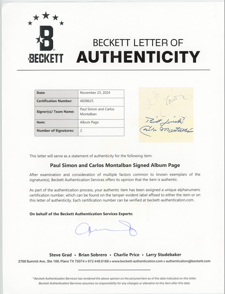 Paul Simon Musician Autographed Signed Album Page Beckett BAS LOA 29305 ...